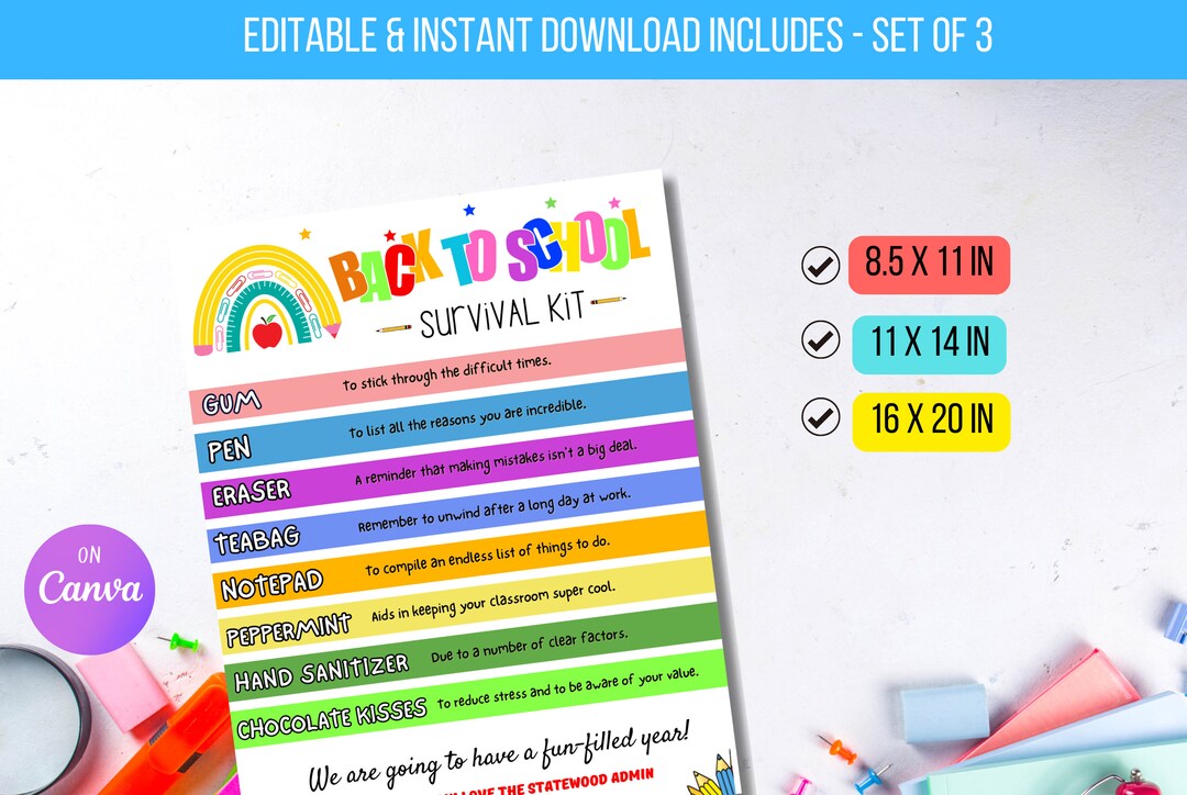 EDITABLE Back to School Survival Kit Template, First Day of School ...
