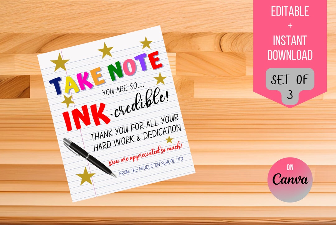 Pen Thank You Gift Tags, Take Note You Are Ink-credible, Teacher Staff ...