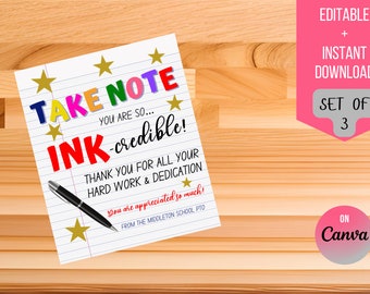Pen Thank You Gift Tags, Take Note You Are Ink-credible, Teacher Staff ...