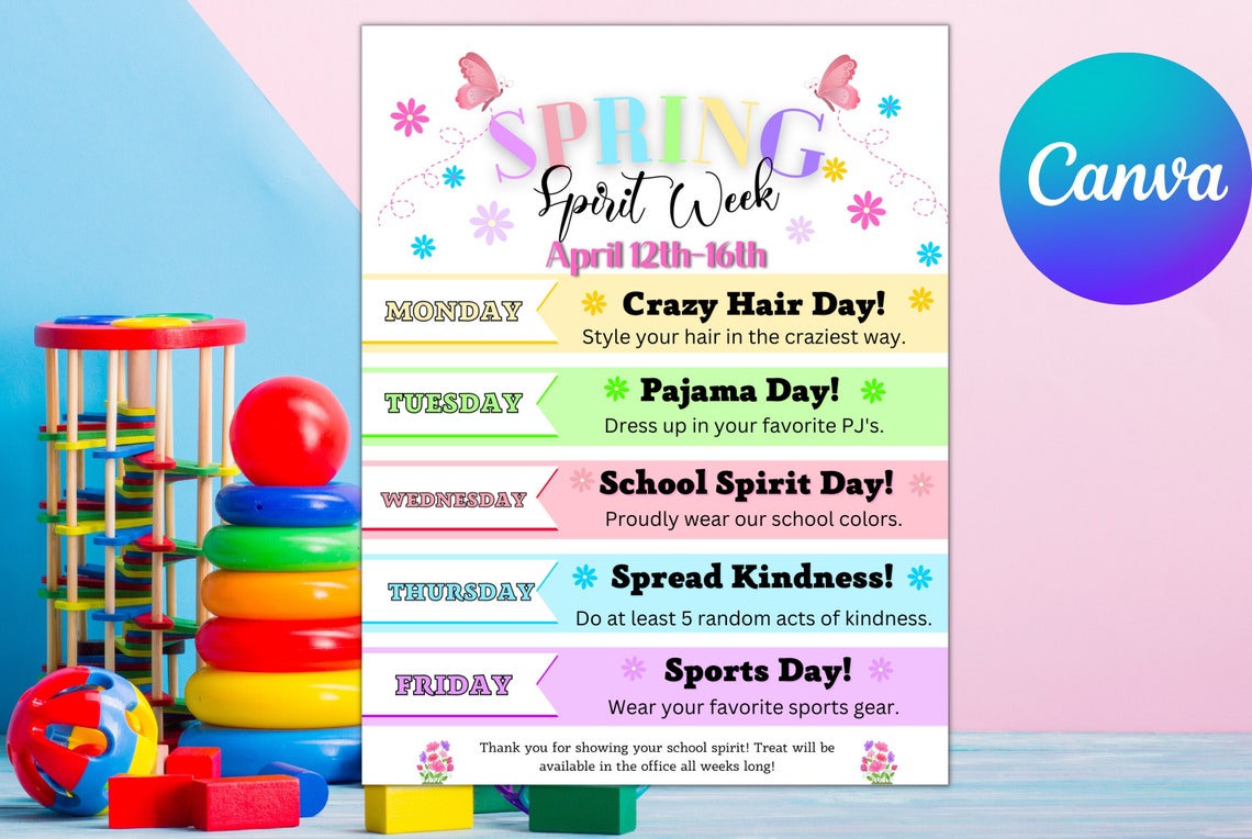 Spring Spirit Week Editable Itinerary Schedule Printable DIY - Etsy