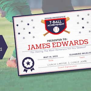 EDITABLE T-ball Award Certificate Template, Baseball Team Awards ...