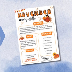 EDITABLE November PTO Newsletter Template, Classroom Printable Handout ...