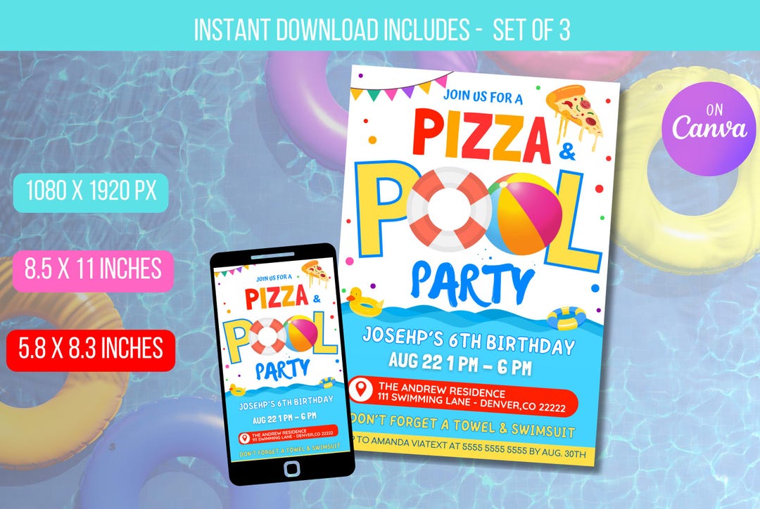 Pizza and Pool Party Invitation, End of School Party, Printable Invite ...