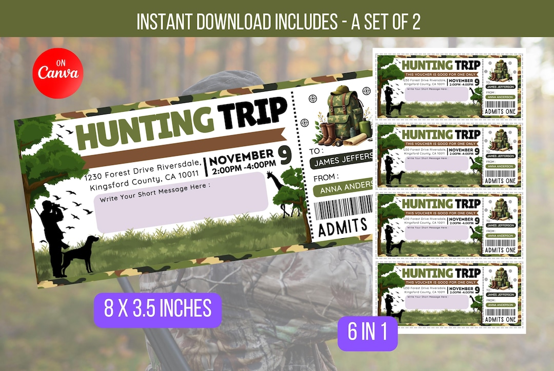 EDITABLE Hunting Trip Ticket Template, Surprise Hunting Holiday ...
