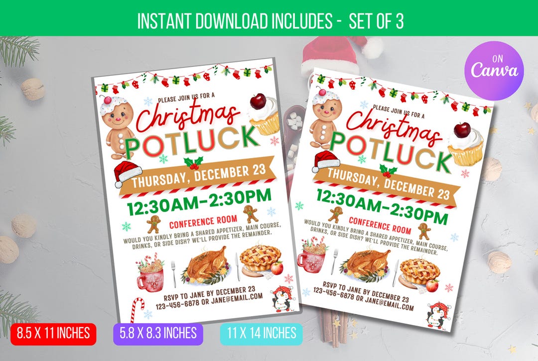 EDITABLE Christmas Potluck Dinner Party Invite, Christmas Potluck ...