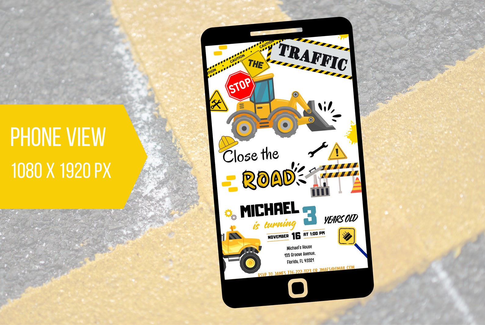EDITABLE Stop the Traffic, Close the Road Birthday Invite, Construction ...