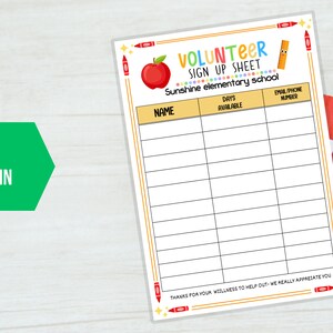 EDITABLE Teacher Volunteer Sheet, School Pto Pta Sign up Sheet ...