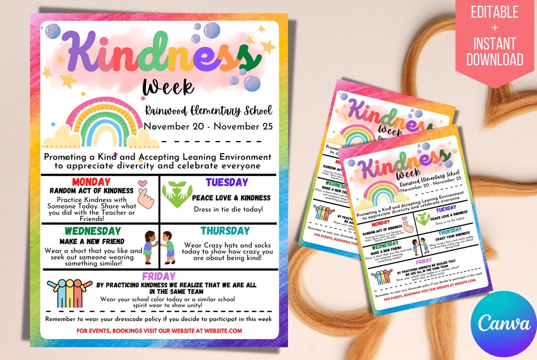 Kindness Week Itinerary Flyer, Diversity Inclusion, Printable Editable ...