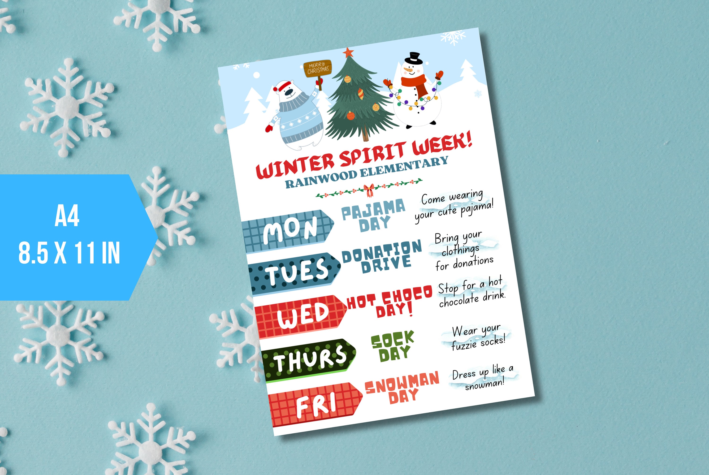 EDITABLE Winter Spirit Week Schedule Flyer Template Printable Spirit ...