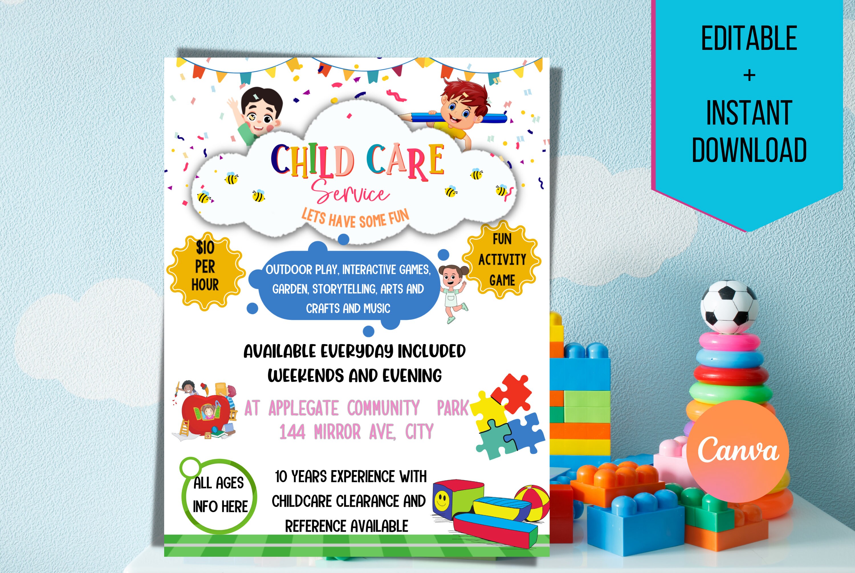 Child Care Flyer Template, Baby Sitting, Playtime Theme, Daycare Poster ...