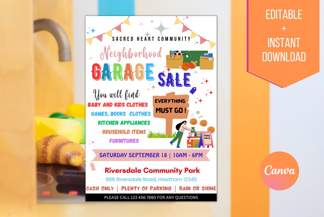 EDITABLE Garage Sale Flyer Template, Neighborhood Yard Sale Template ...