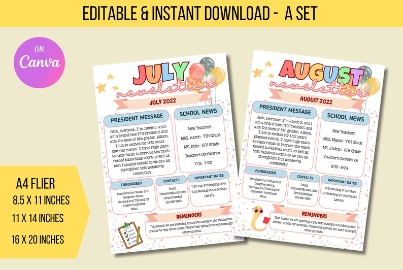 EDITABLE Monthly Newsletter Template Set Classroom Printable - Etsy
