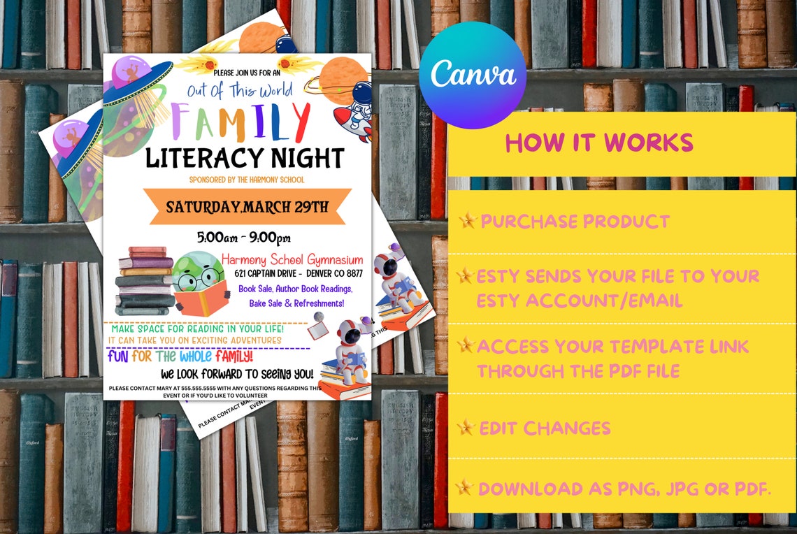Editable Family Literacy Night Flyer, PTO PTA Reading Book Sale School ...