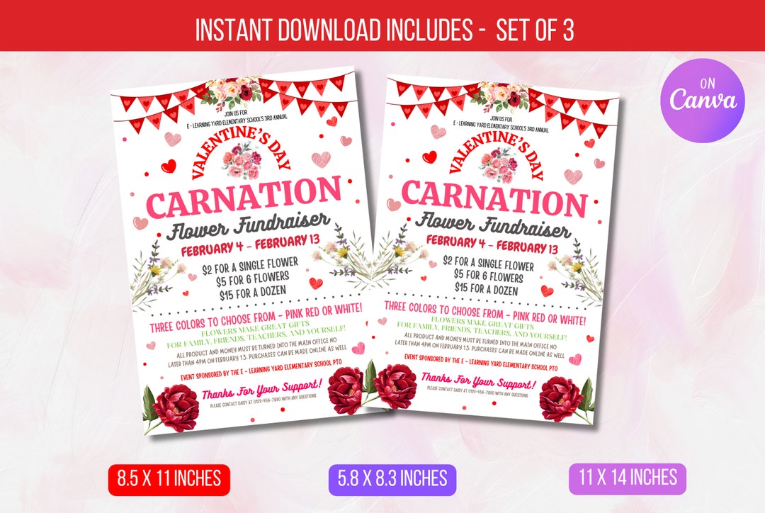 EDITABLE Valentines Day Carnation Flower Fundraiser Flyer, Fundraiser ...