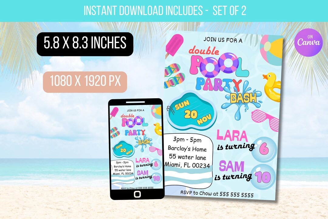 EDITABLE Pool Party Birthday Invite, Birthday Invitation, Summer ...