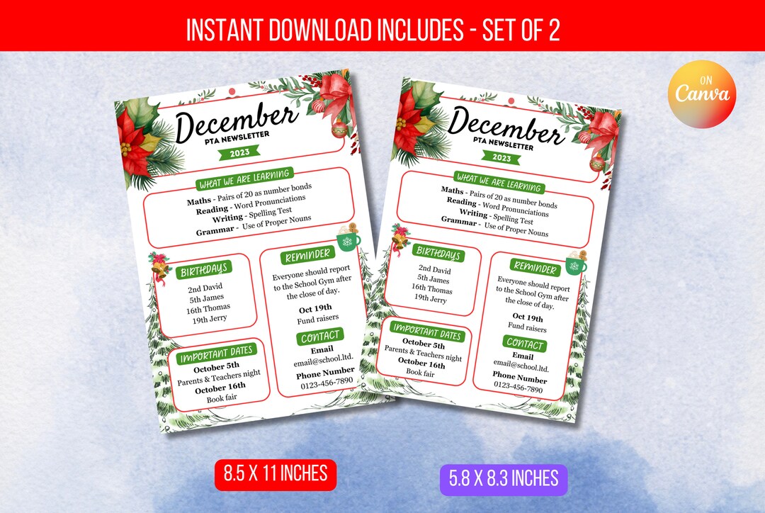 EDITABLE December PTA Newsletter Template, Classroom Printable Handout ...