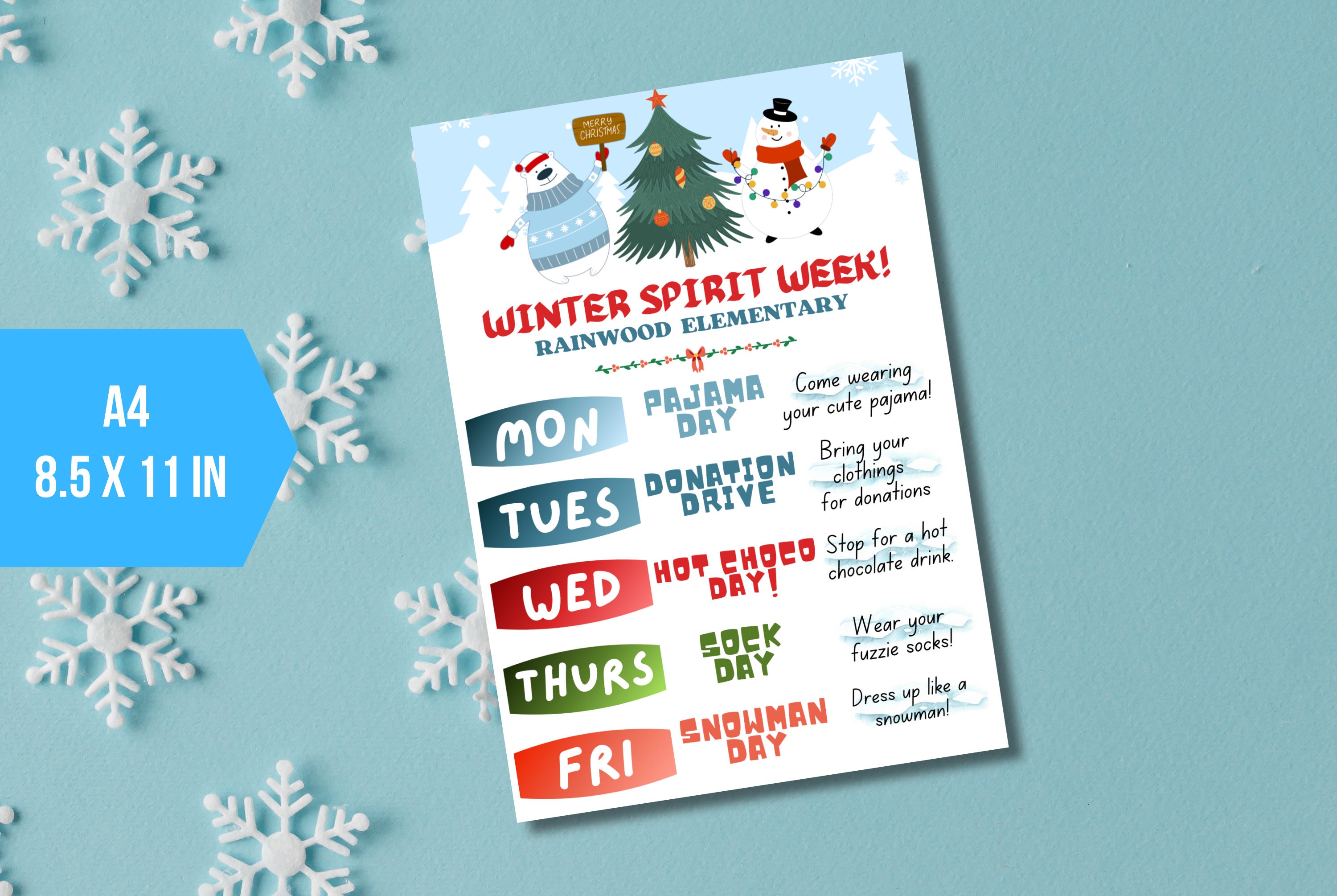 EDITABLE Winter Spirit Week Schedule Flyer Template Printable Spirit ...