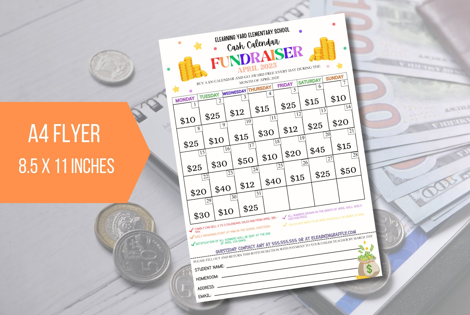 EDITABLE Cash Calendar Fundraiser Flyer Template, School Non-profit ...