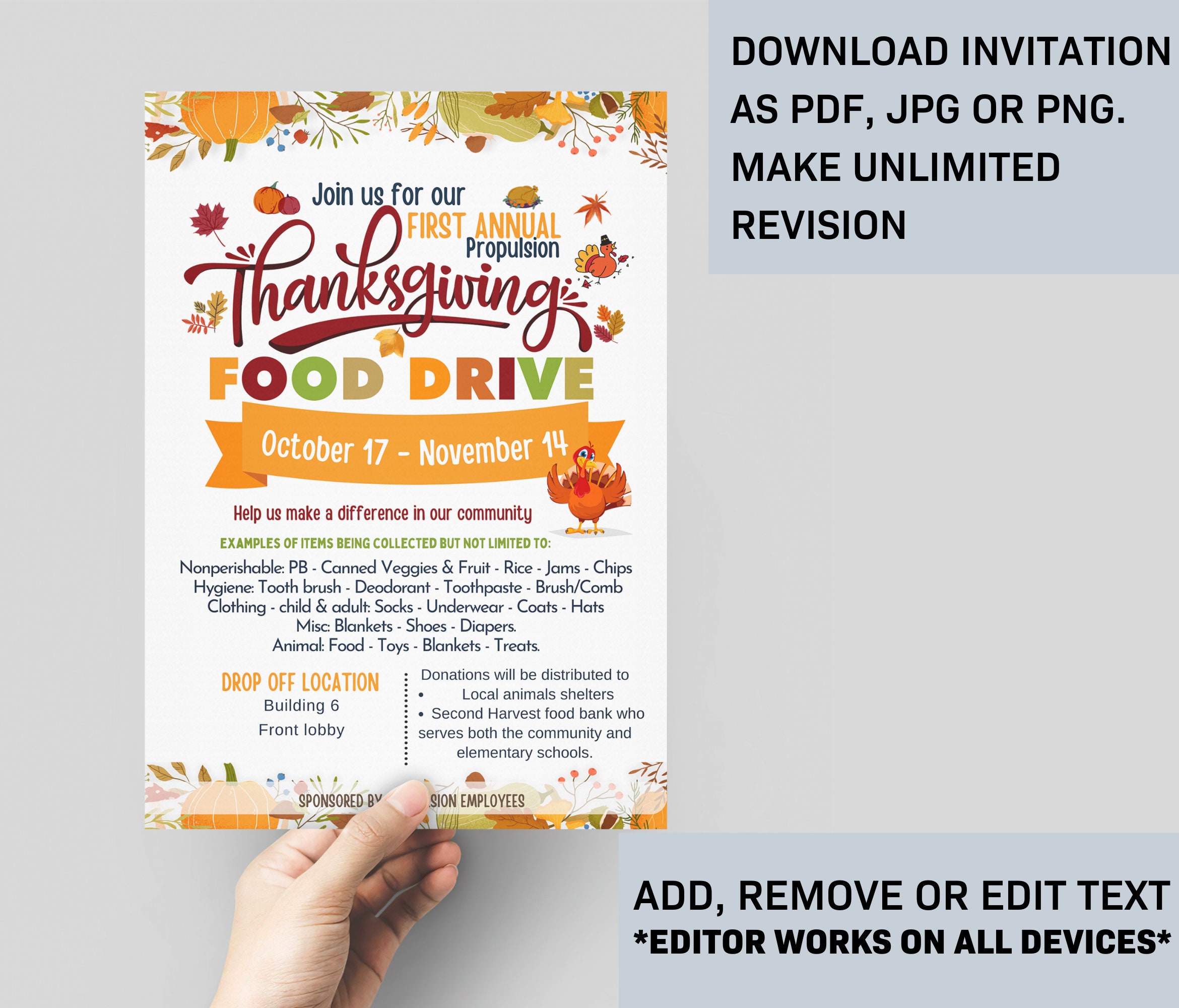EDITABLE/PRINTABLE Thanksgiving Food Drive Flyer, Fall Food Drive Flyer ...