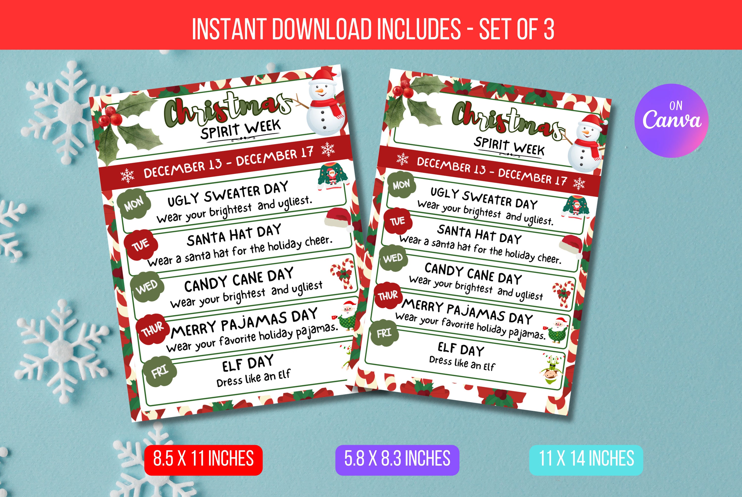 EDITABLE Christmas Spirit Week Flyer, Itinerary Schedule School Poster ...