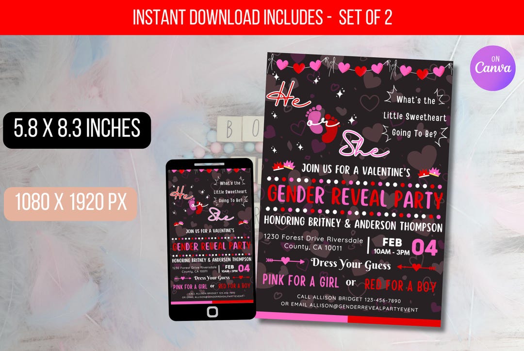 EDITABLE Valentines Day Reveal Party Flyer, He or She Valentine Baby ...