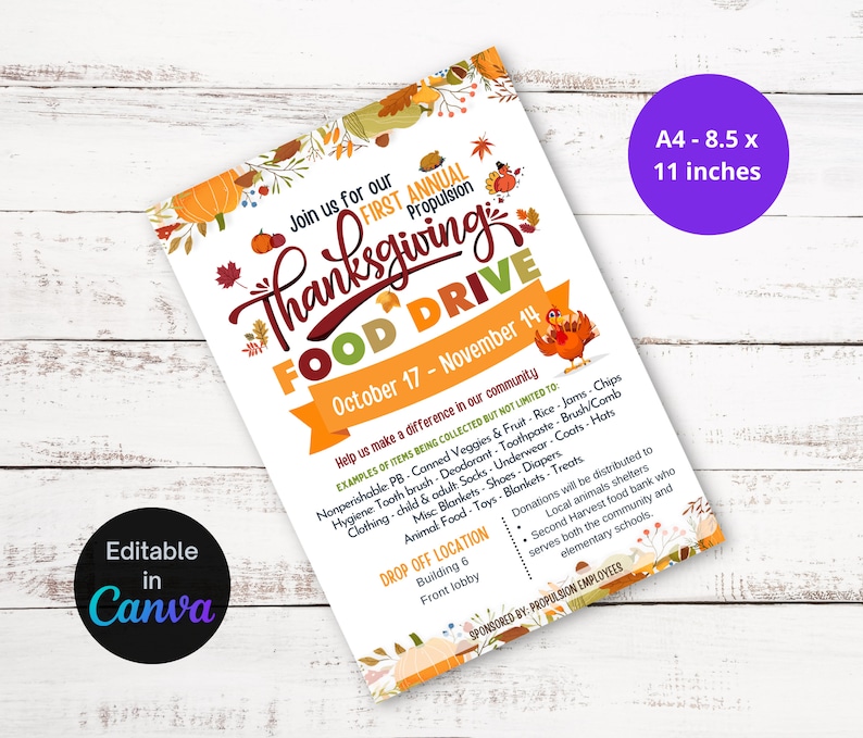 EDITABLE/PRINTABLE Thanksgiving Food Drive Flyer Fall Food - Etsy