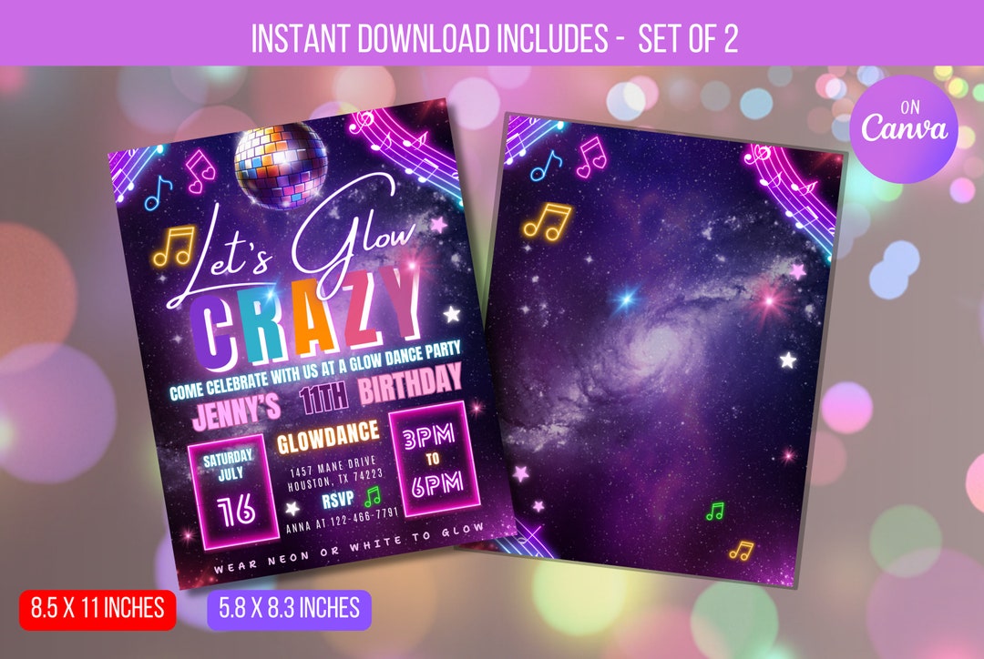 EDITABLE Lets Glow Crazy Glow Dance Party Invite Girls Teen Birthday ...