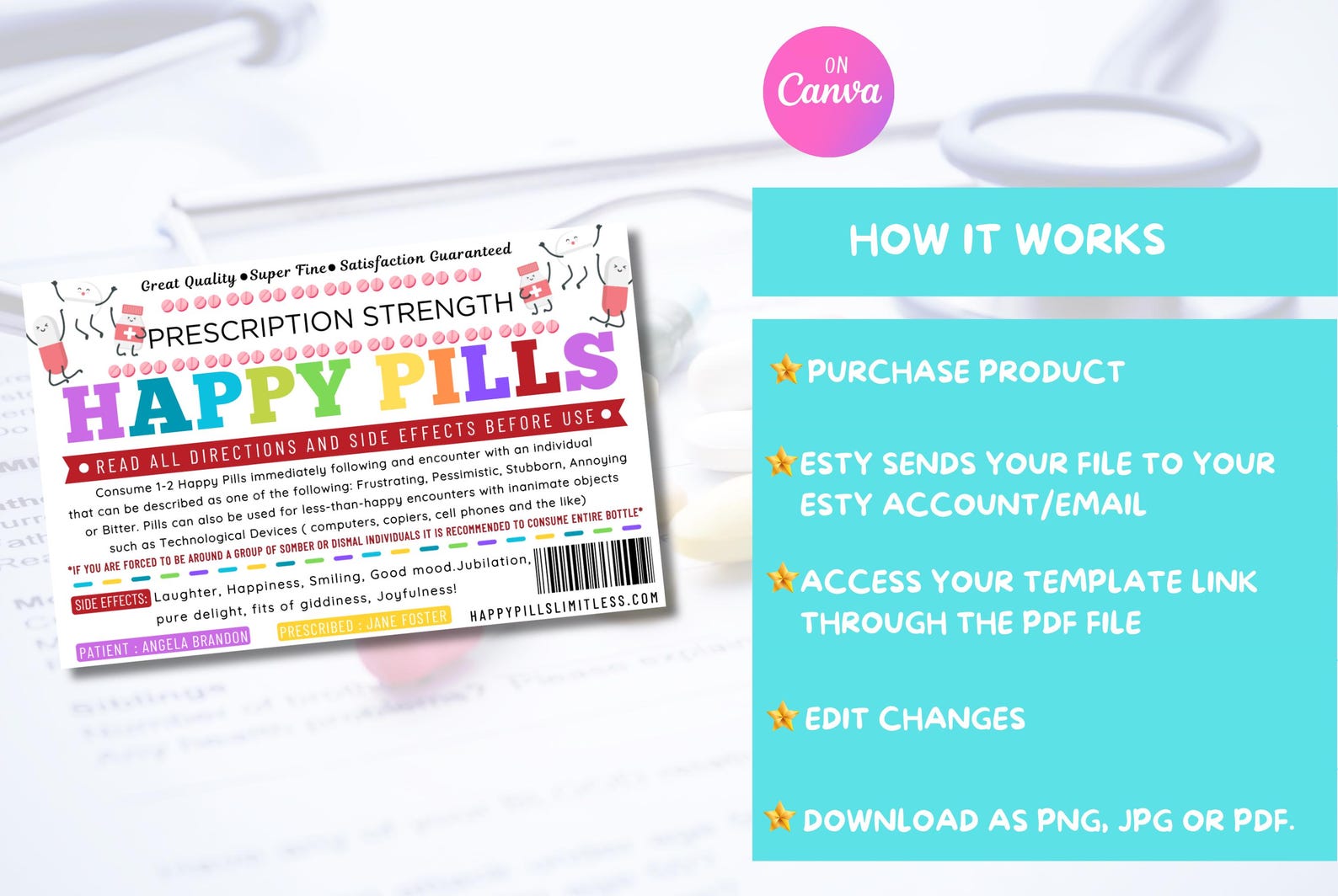EDITABLE Happy Pills Label, Funny Gag Gift Professional Office Gift ...