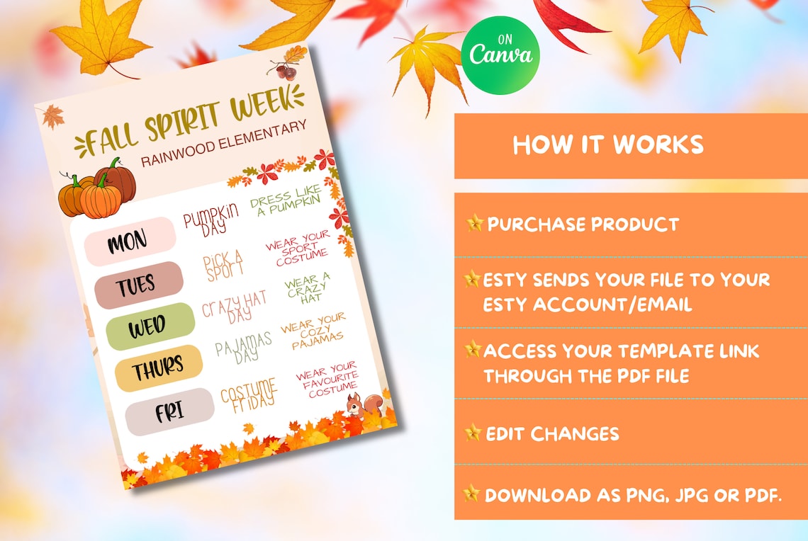 EDITABLE Fall Spirit Week Schedule Template Printable Spirit - Etsy