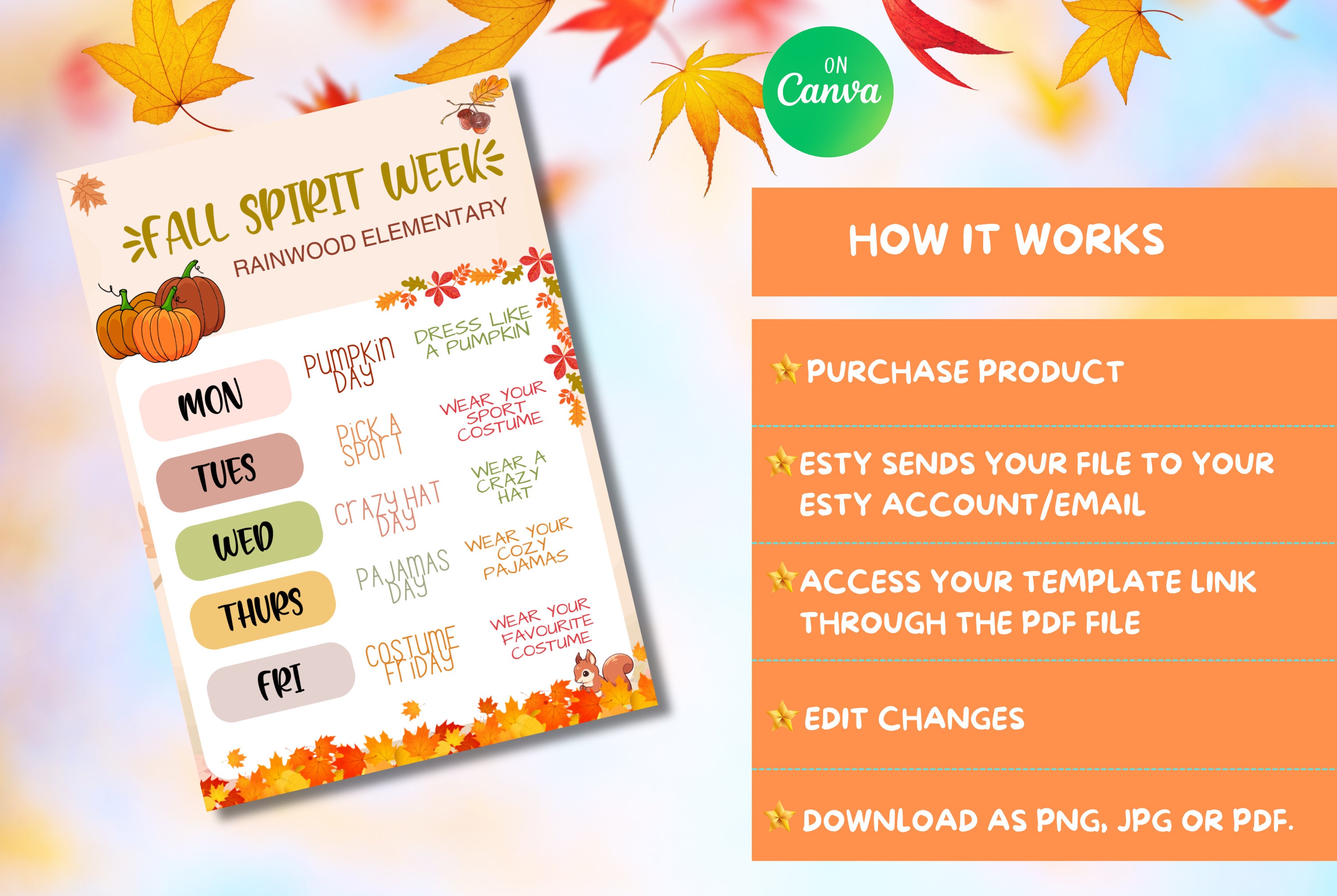 EDITABLE Fall Spirit Week Schedule Template Printable Spirit - Etsy