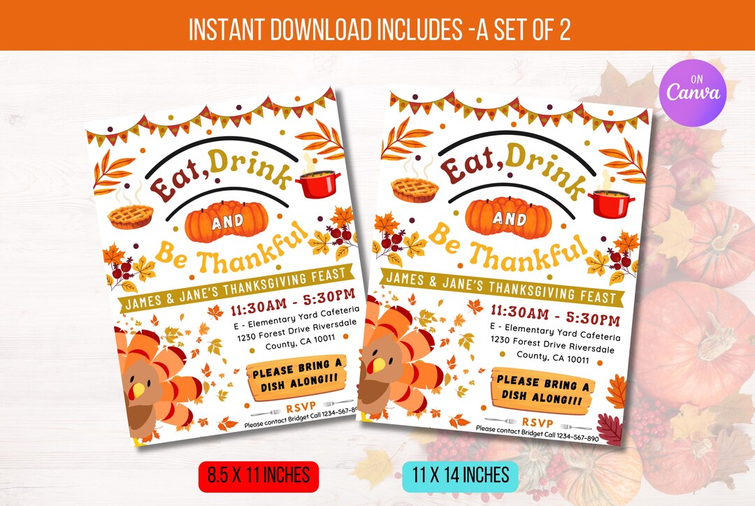 EDITABLE Eat, Drink and Be Thankful Flyer, Thanksgiving Dinner ...