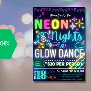 EDITABLE Neon Night Glow Dance Invitation Flyer With Invitation Ticket ...