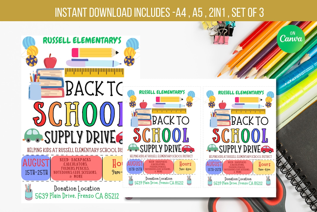EDITABLE Back to School Supply Drive Flyer Invitation PTO PTA School ...