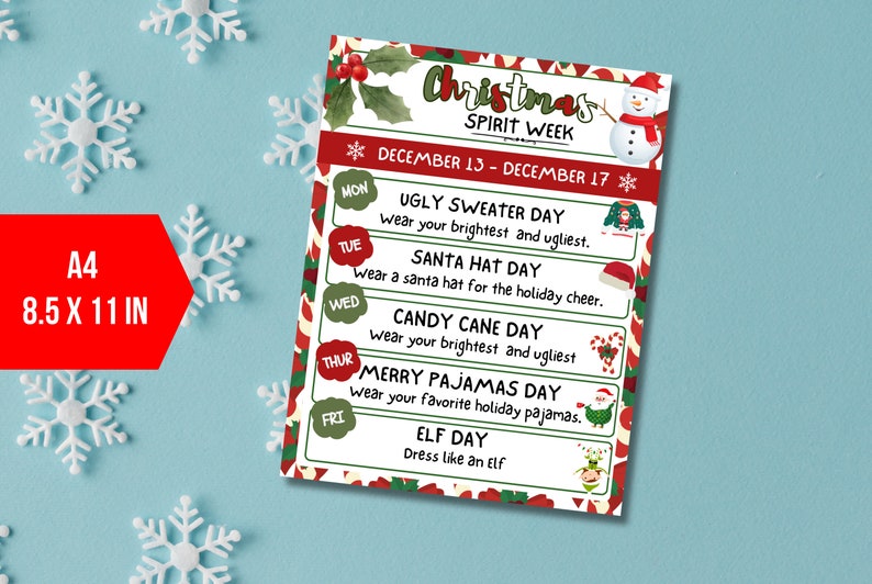 EDITABLE Christmas Spirit Week Flyer, Itinerary Schedule School Poster ...