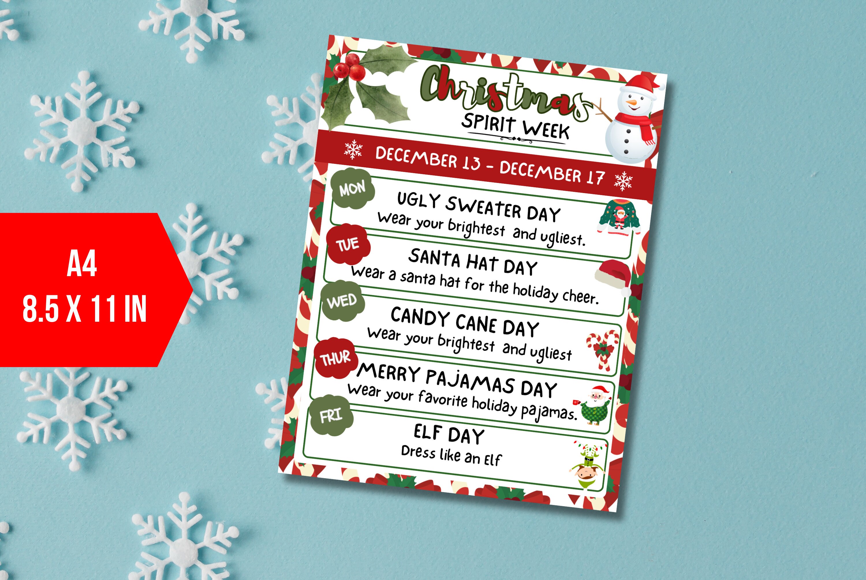 EDITABLE Christmas Spirit Week Flyer, Itinerary Schedule School Poster ...