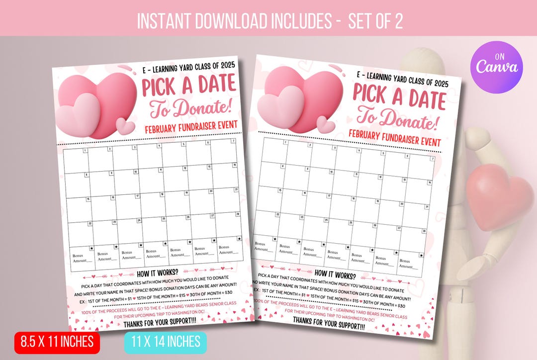 EDITABLE Valentine Fundraiser Calendar, Pick a Date to Donate February ...