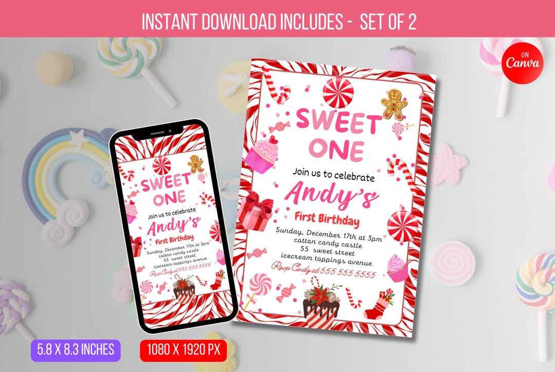 EDITABLE Sweet One Invitation, Birthday Invitation With Pastel Sweets ...