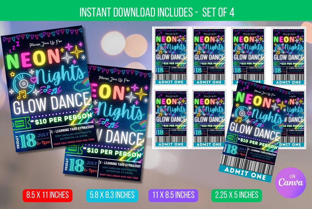 EDITABLE Neon Night Glow Dance Invitation Flyer With Invitation Ticket ...
