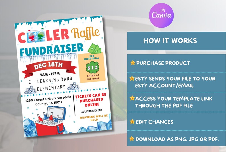 EDITABLE Cooler Raffle Ticket Fundraiser Flyer, School PTO PTA Flyer ...