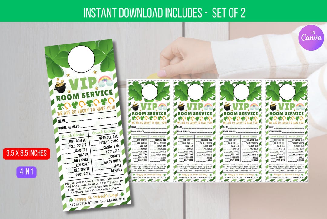 EDITABLE St Patricks Day VIP Room Service Door Hanger, Teacher and ...