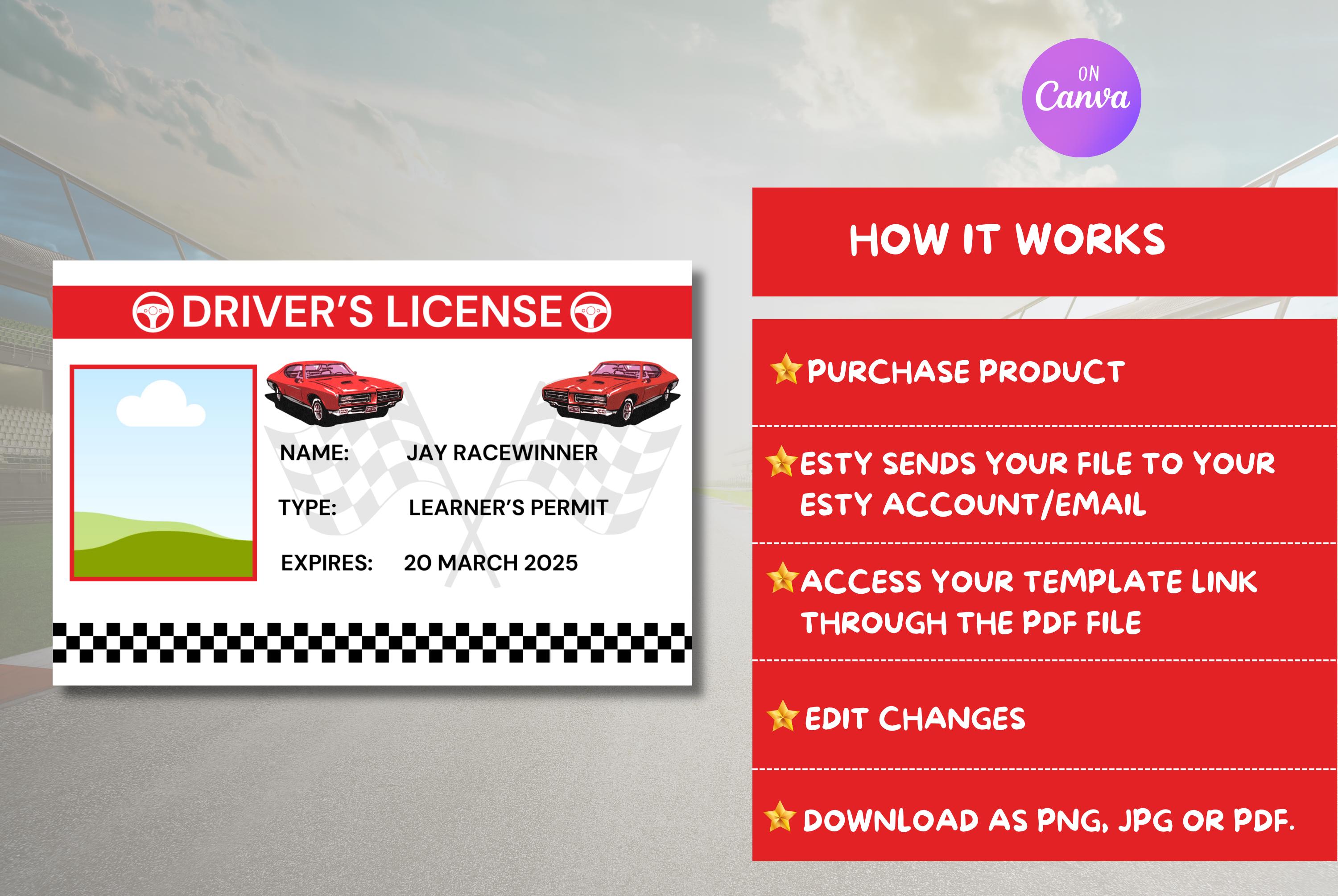 EDITABLE Race Car Drivers License Birthday Party Decorations, ID Badge ...