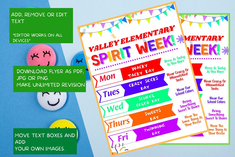 School Spirit Week Flyer Template, School Spirit Week Schedule, PTA ...