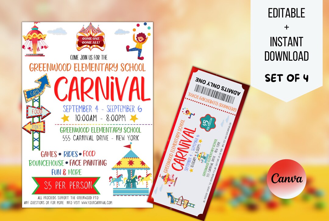 EDITABLE Carnival Flyer With Ticket , Printable PTA PTO Flyer, School ...