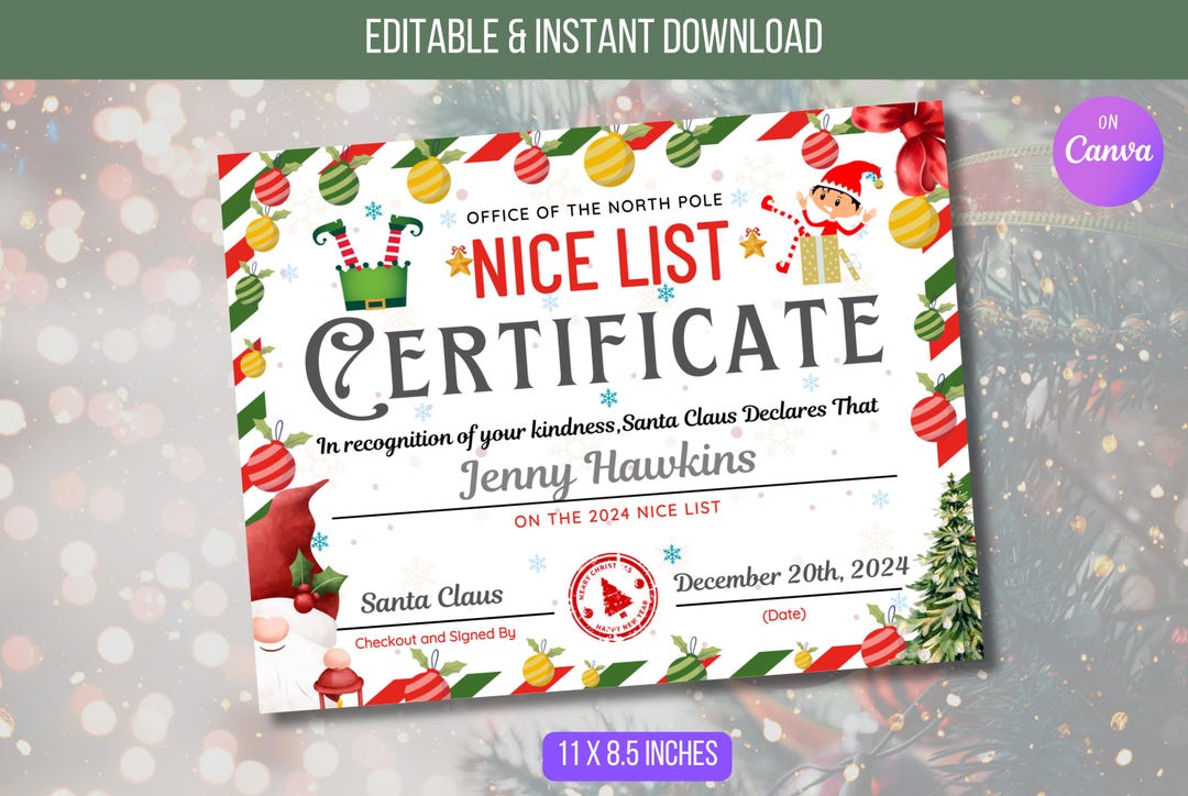 EDITABLE Santa Claus Official Nice List Certificate Letter From Desk ...
