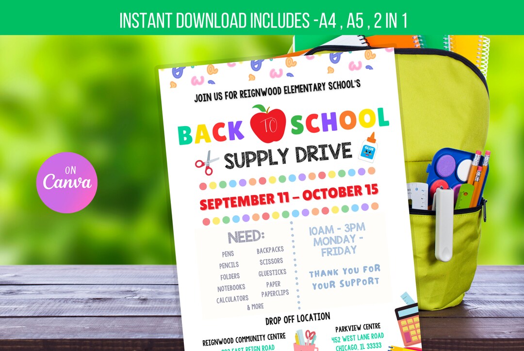 EDITABLE Back to School Supply Drive Flyer Invitation PTO PTA School ...
