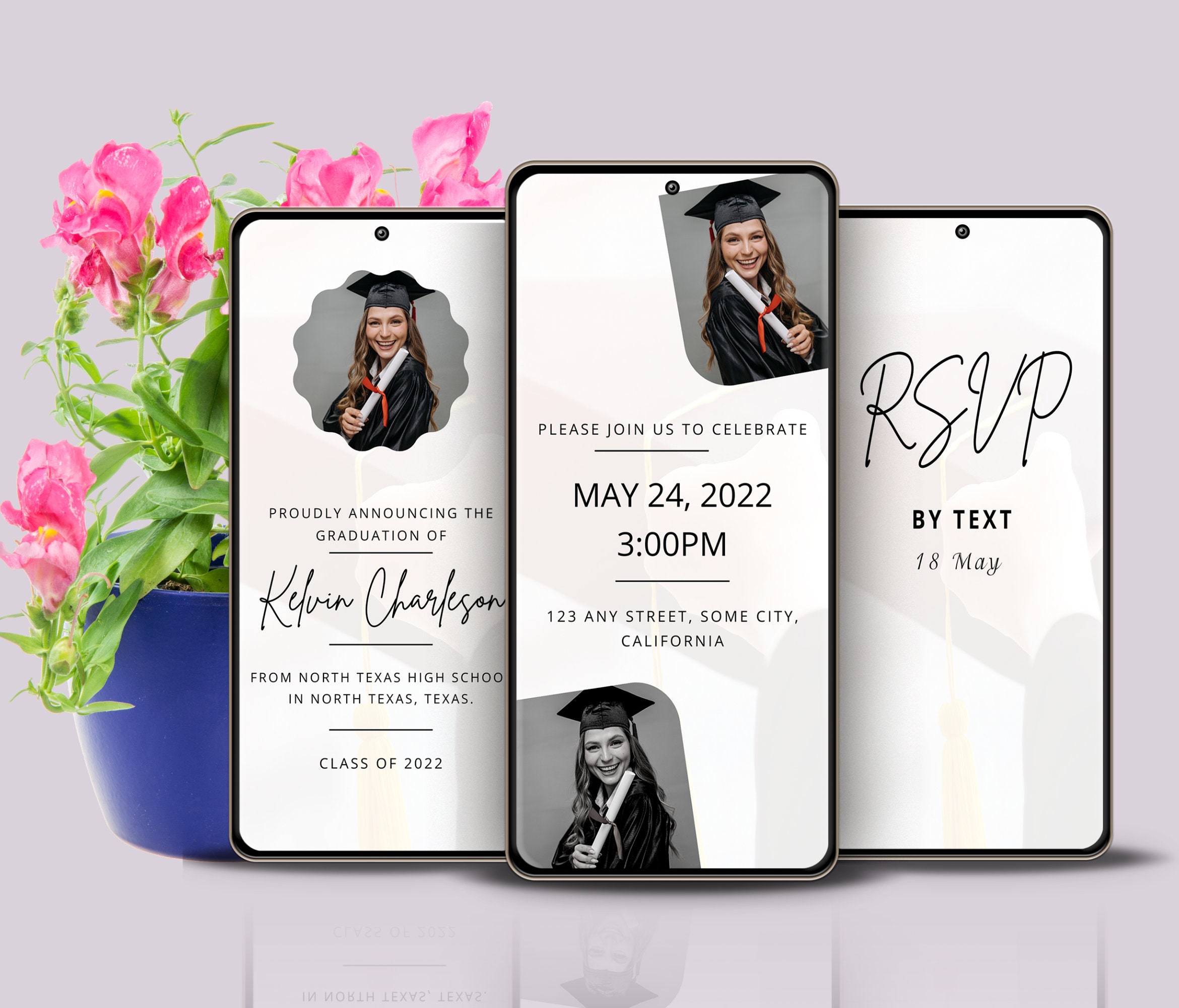 White Simple Graduation Invitation, Canva Instant Download, Phone E ...