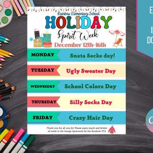 Holiday Spirit Week Editable Itinerary Schedule | Printable DIY Spirit ...