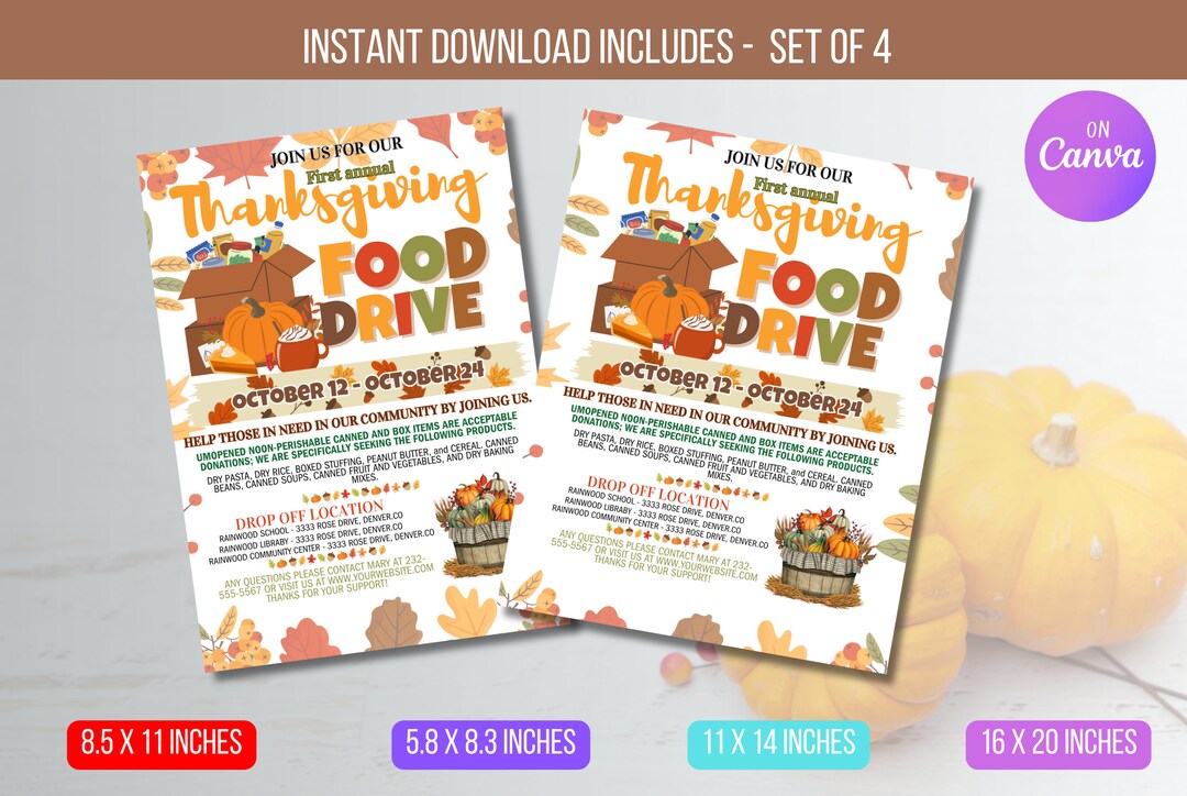 EDITABLE Thanksgiving Food Drive Flyer, School Church Fundraiser Invite ...