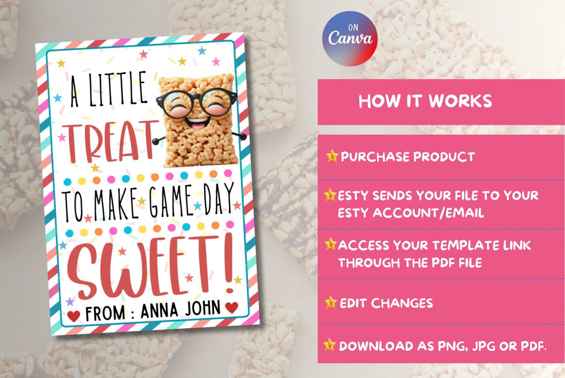 EDITABLE Crispy Rice Treat Tag, A Little Treat to Make Game Day Sweet ...