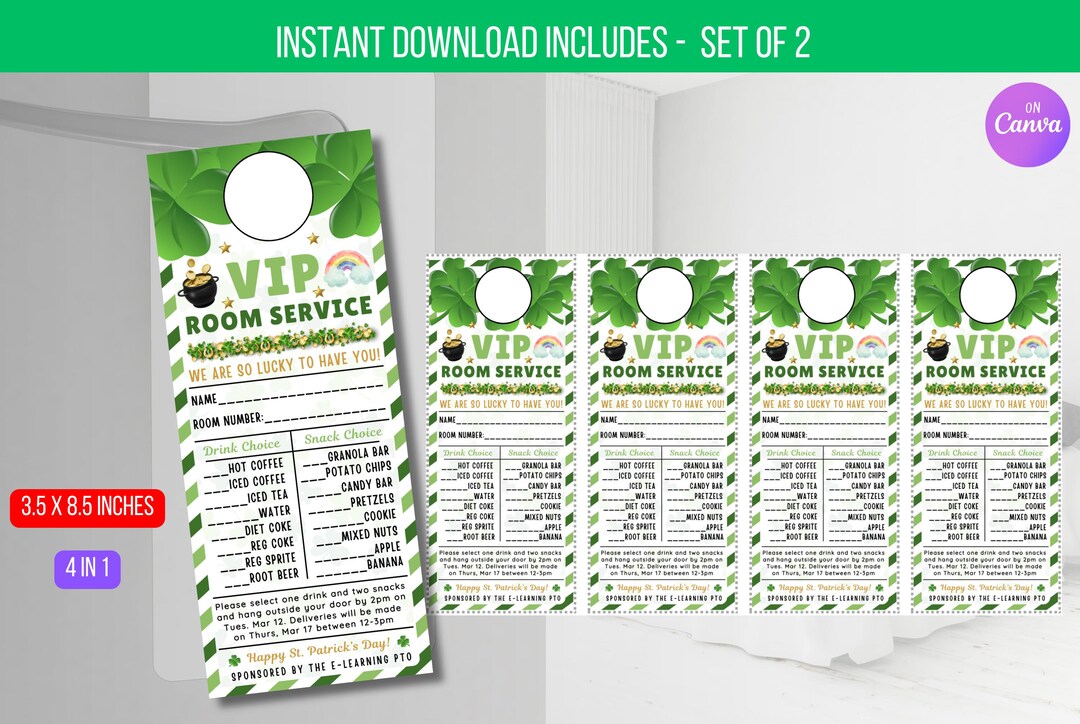EDITABLE St Patricks Day VIP Room Service Door Hanger, Teacher and ...